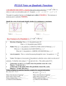 Algebra II Problem Set Unit 3 Quadratic Functions