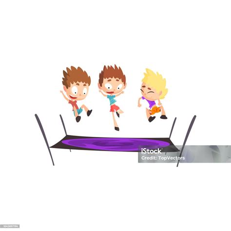 튀는 아이 트램 폴 린에 재미 재생 트램 폴 린 소년 흰색 배경에 그림 벡터 귀여운에 대한 스톡 벡터 아트 및 기타 이미지 귀여운 놀기 놀이 Istock