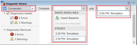compare diagnostic messages between model simulations matlab and simulink