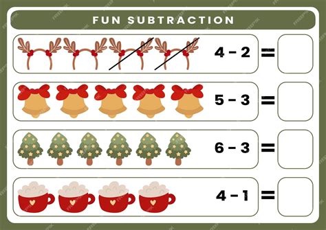 아이들을 위한 재미있는 뺄셈 워크시트 테마 크리스마스 프리미엄 벡터