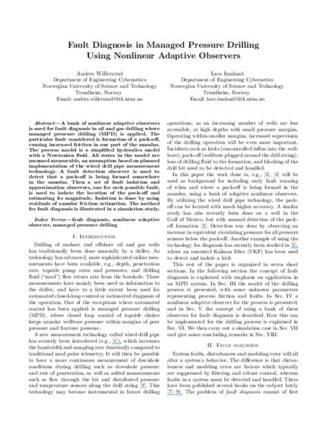 Pdf Fault Diagnosis In Managed Pressure Drilling Using Nonlinear Adaptive Observers