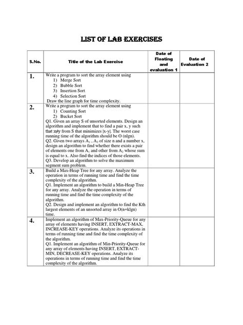 List Of Lab Exercises Pdf Time Complexity Computer Data