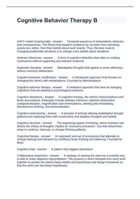 Cognitive Behavior Therapy B Questions And Answers 2024 Cognitive Behavior Therapy Stuvia Us