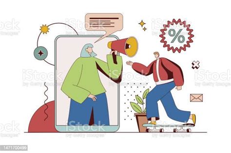 평면 디자인의 캐릭터 상황이 있는 아웃바운드 마케팅 개념 광고 캠페인을 만들고 고객을 유치하기 위해 홍보 편지를 보내는 여성