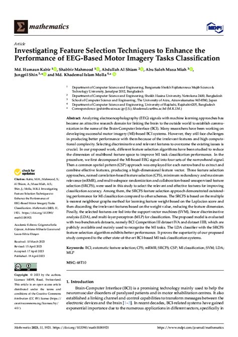 Pdf Investigating Feature Selection Techniques To Enhance The Performance Of Eeg Based Motor