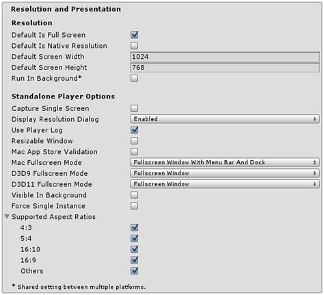 unity manual standalone player settings