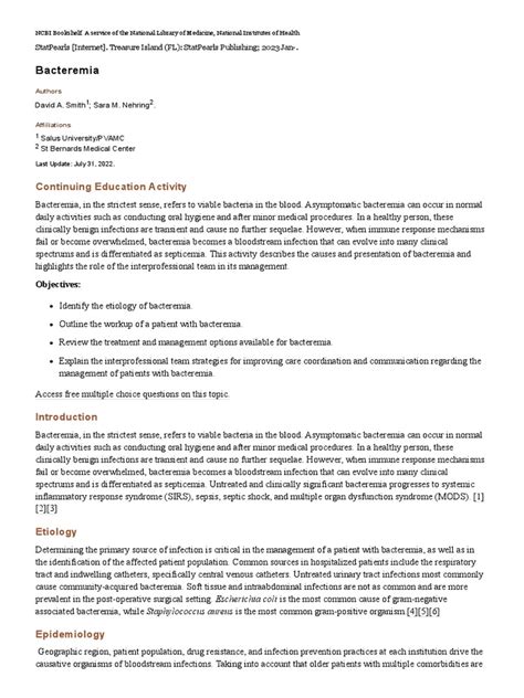 Bacteremia Statpearls Ncbi Bookshelf English Pdf Sepsis Methicillin Resistant