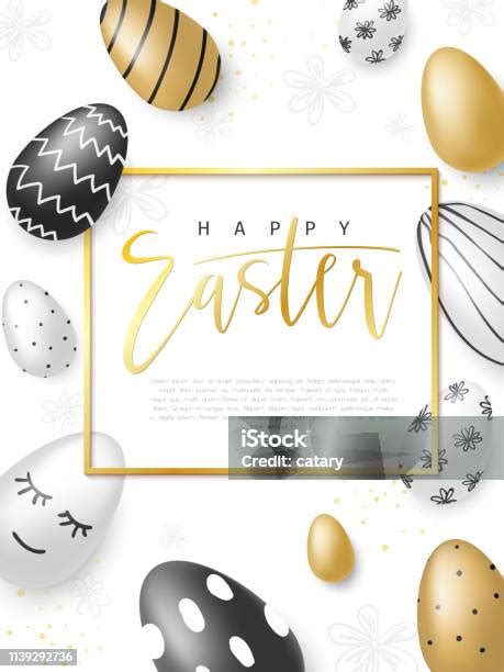 벡터 일러스트 레이 션의 부활절 날 인사말 배너 템플릿 손 글자 레이블행복 한 부활절현실적인 흰색 검은 색과 금색 계란 개념에