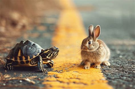 Turtle And Rabbit On Race Track Concept Compete For Success Stock
