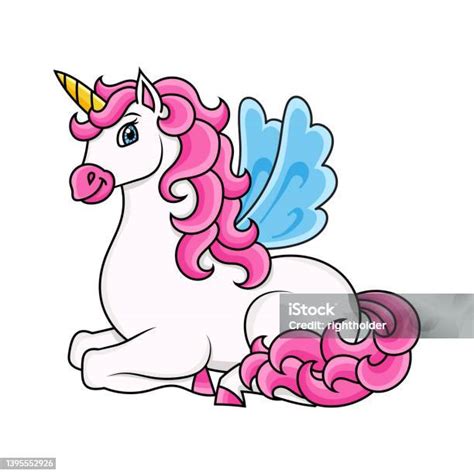 날개가 달린 귀여운 유니콘 마법의 요정 말 만화 캐릭터 다채로운 벡터 일러스트레이션 흰색 배경에 격리 디자인 요소입니다 디자인