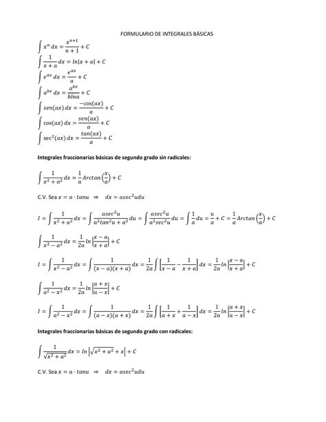 Formulario Integrales Básicas Formulario De Integrales B¡sicas ∫ 𝑥 𝑛