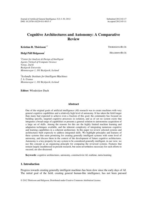 Pdf Cognitive Architectures And Autonomy A Comparative Review