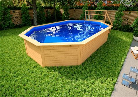 Holzpool Oval Natur Blau Mit Stirnseitiger Terrasse 610 X 400 Cm