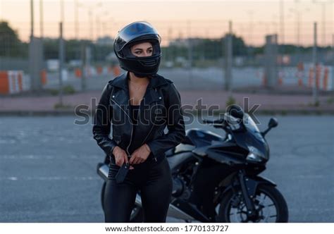 Sexy Biker Woman Black Leather Jacket Stock Photo Shutterstock