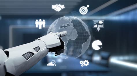 디지털 지구본 및 홀로그램 아이콘과 상호 작용하는 미래형 로봇 팔은 비즈니스 환경에서 기술 혁신 및 글로벌 연결을 상징합니다 오바나 0명에 대한 스톡 사진 및 기타 이미지