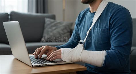 Man With Broken Arm Working From Home On Laptop Stock Illustration Illustration Of Home