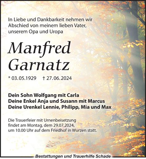 Traueranzeigen Von Manfred Garnatz Trauer Anzeigen De