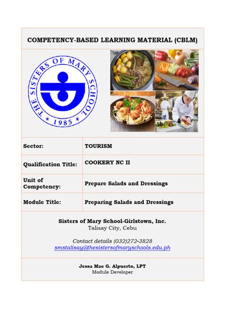 cookery ncii cblm module 2 prepare salad and dressing pdf salad