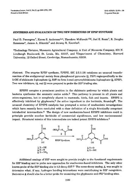 Pdf Synthesis And Evaluation Of Two New Inhibitors Of Epsp Synthase Dokumen Tips