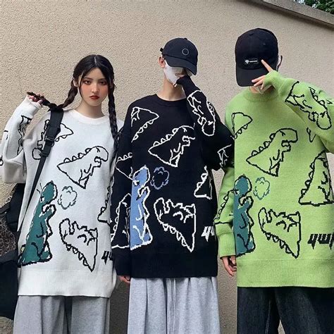공룡 만화 O 넥 스웨터 남성여성 가을겨울 하라주쿠 패션 넉넉한 풀오버 니트 오버사이즈 점퍼 니트웨어 2022 년 상품 Aliexpress