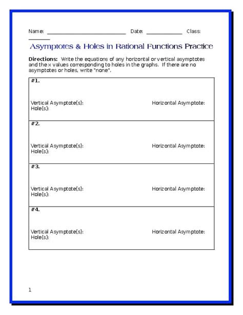 Asymptotes Horiz And Vert And Holes In Rational Functions Practice Editable
