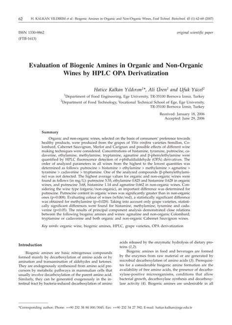 Pdf Evaluation Of Biogenic Amines In Organic And Non Organic Wines By Hplc Opa Derivatization