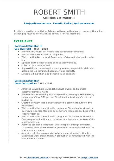 10 Collision Estimator Resume Samples And Templates For 2025