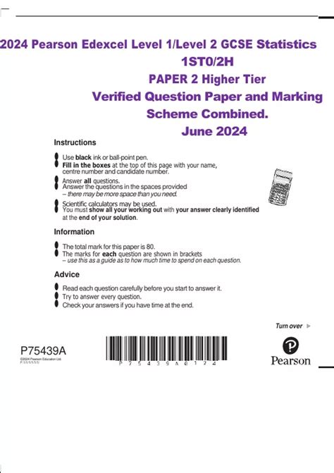 Pearson Edexcel Level Level GCSE Statistics ST H PAPER Higher Tier Verified