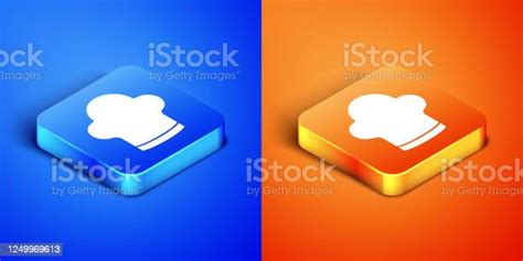 파란색과 주황색 배경에 격리 된 Isometric Chef 모자 아이콘 요리 기호 모자를 요리합니다 정사각형 버튼입니다 벡터 3차원 형태에 대한 스톡 벡터 아트 및 기타