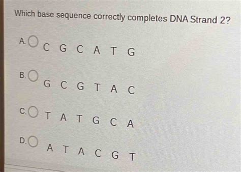 Solved Which Base Sequence Correctly Completes DNA Strand A C G C A T G B G C G T A C C Ta