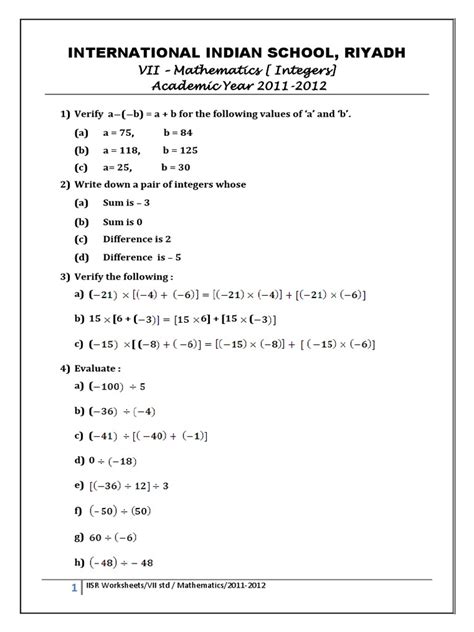 Integers Class 7 Worksheet Free Printable Worksheets