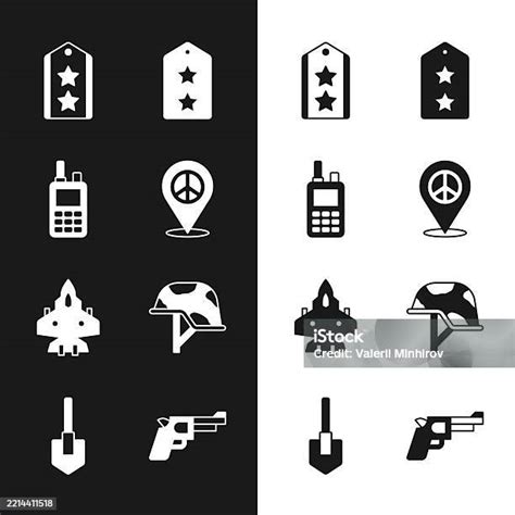 위치 평화 워키 토키 군사 계급 제트 전투기 헬멧 권총 또는 총 및 삽 아이콘을 설정합니다 벡터 검은색에 대한 스톡 벡터 아트 및 기타 이미지 Istock