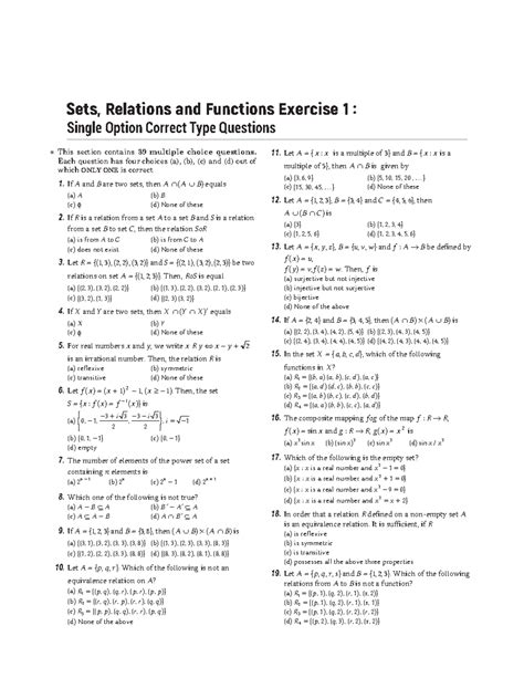 Sets Relations And Functions Exercises This Section Contains Multiple Choice Questions