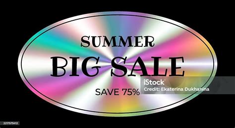 홀로그램 스티커 여름 큰 판매 75 할인 홀로그램 레이블 기하학적 모양 무지개 빛깔의 호일 컬러 무지개 빛나는 엠블럼 태그 고립 된 네온 벡터 일러스트 레이 션 0명에 대한