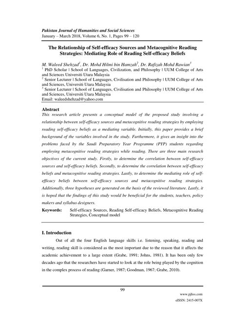 Pdf The Relationship Of Self Efficacy Sources And Metacognitive Reading Strategies Mediating