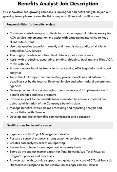 Benefits Analyst Job Description Velvet Jobs