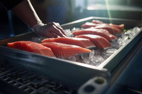 Premium Ai Image Closeup Of A Workers Hands Sorting Salmon Fillets On A Conveyor Belt At A