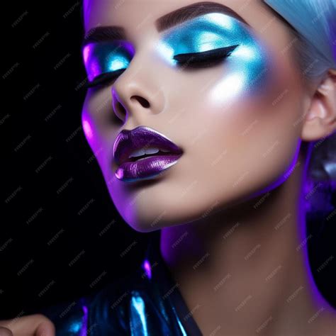 Premium Photo A Woman With A Blue And Purple Makeup On Her Face Is