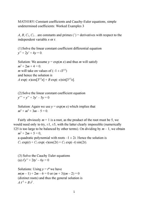 Worked Examples Constant Coefficient And Cauchy Euler Equations MATH Constant