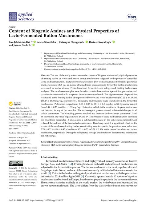 Pdf Content Of Biogenic Amines And Physical Properties Of Lacto Fermented Button Mushrooms