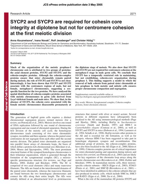 Pdf Sycp2 And Sycp3 Are Required For Cohesin Core Integrity At Diplotene But Not For