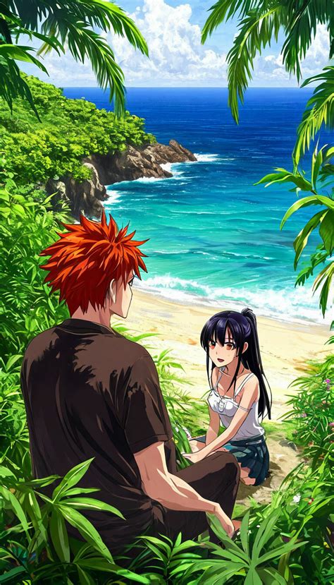 Akeno Himejima And A Red Haired Guy Are Sitting In The Bushes On A