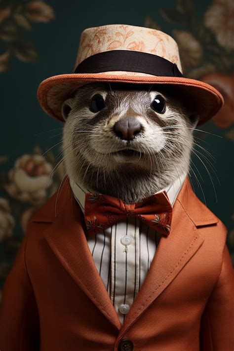 Sea Otter In A Suit And Hat Animal Wearing A Costume