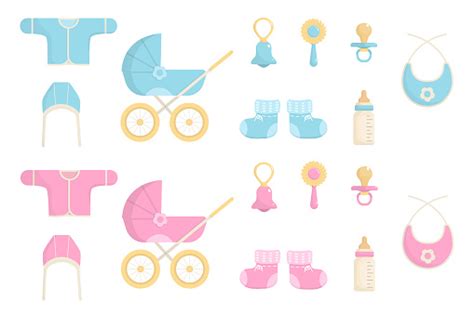 베이비 아이템 세트입니다 소년을 위한 파란색 여자를 위한 분홍색 쉽게 수정할 수 있는 색상 그림자가 투명합니다 0명에 대한 스톡 벡터 아트 및 기타 이미지 Istock