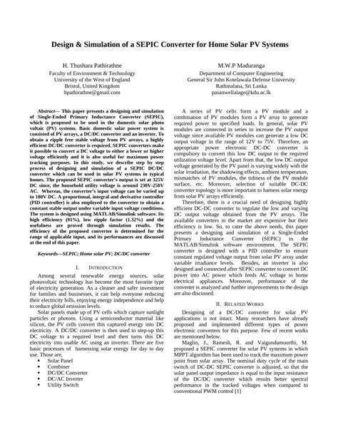 Pdf Design And Simulation Of A Sepic Converter For Home Solar Pv Systems