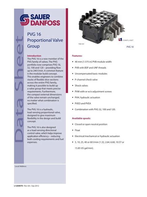 Pvg 16 Data Sheet Pdf 0 1 Mb Sauer Danfoss