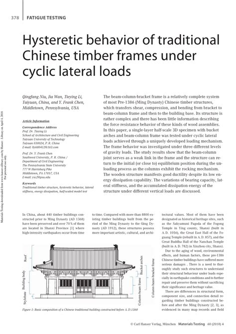 Pdf Hysteretic Behavior Of Traditional Chinese Timber Frames Under
