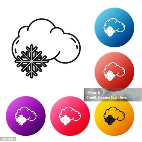 흰색 배경에 격리 된 눈 아이콘이있는 검은 선 구름 눈송이구름 단일 날씨 아이콘입니다 눈 표지판입니다 아이콘 다채로운 원 버튼을 설정합니다 벡터 일러스트레이션 0명에 대한