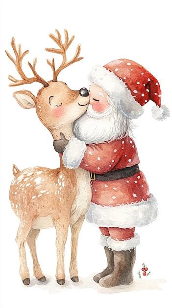 Watercolor Illustration Of A Cute And Adorable Santa Claus Kissing A