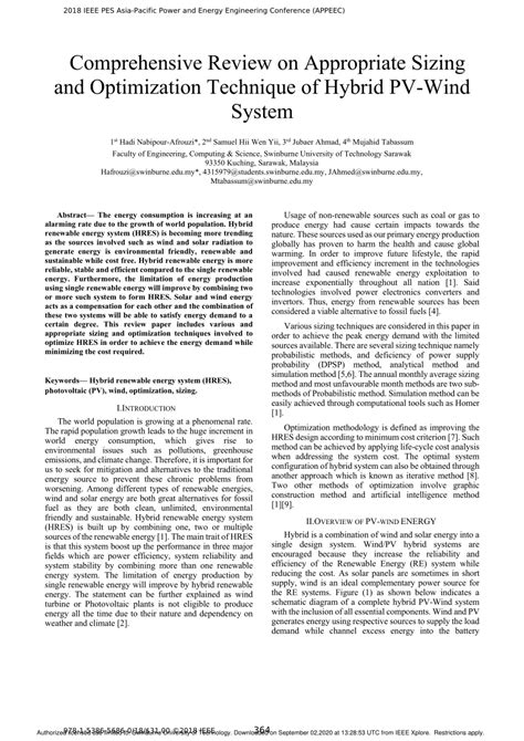Pdf Comprehensive Review On Appropriate Sizing And Optimization Technique Of Hybrid Pv Wind System